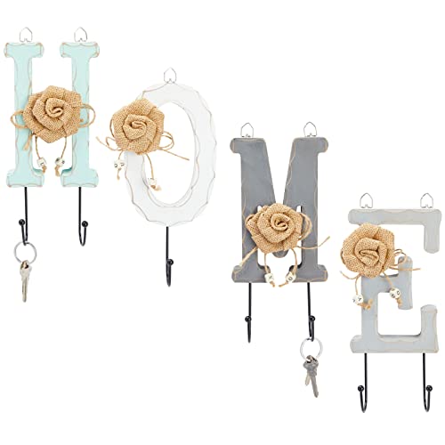 Juvale Home Key Holder with 7 Pegs, Wooden Letters with Burlap Flowers for Rustic Entryway Wall Décor (4 Colors)