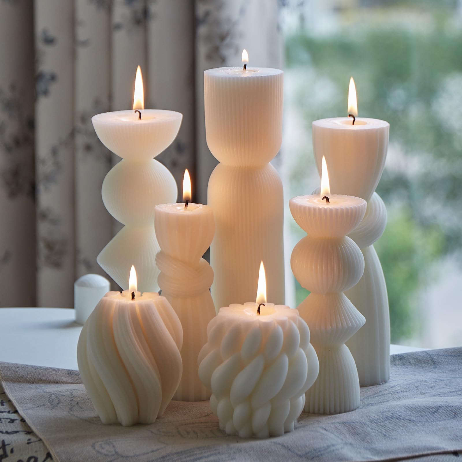 7 Pcs Large Modern Ribbed Candles Beautiful Handmade Pillar Housewarming Gift Home Room Shelf Decor Idea Spiral Soy Wax Candle White