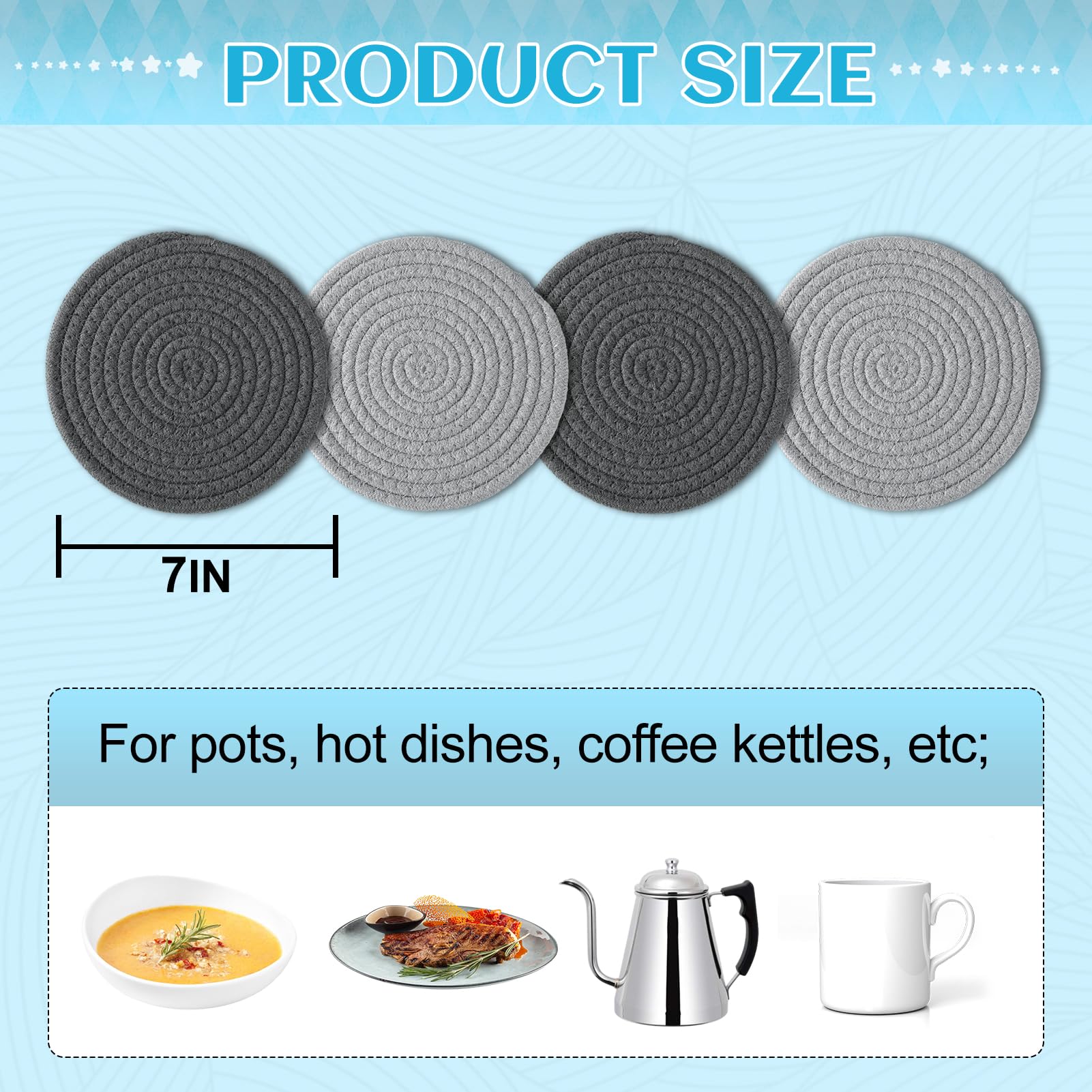 Handmade Trivets for Hot Dishes, Natural Cotton 7'' Hot Plate Mats, BOHO Woven Heat-resistant Pot Pans Holders Set for Kitchen Countertop Home Table Essentials(4 pcs)