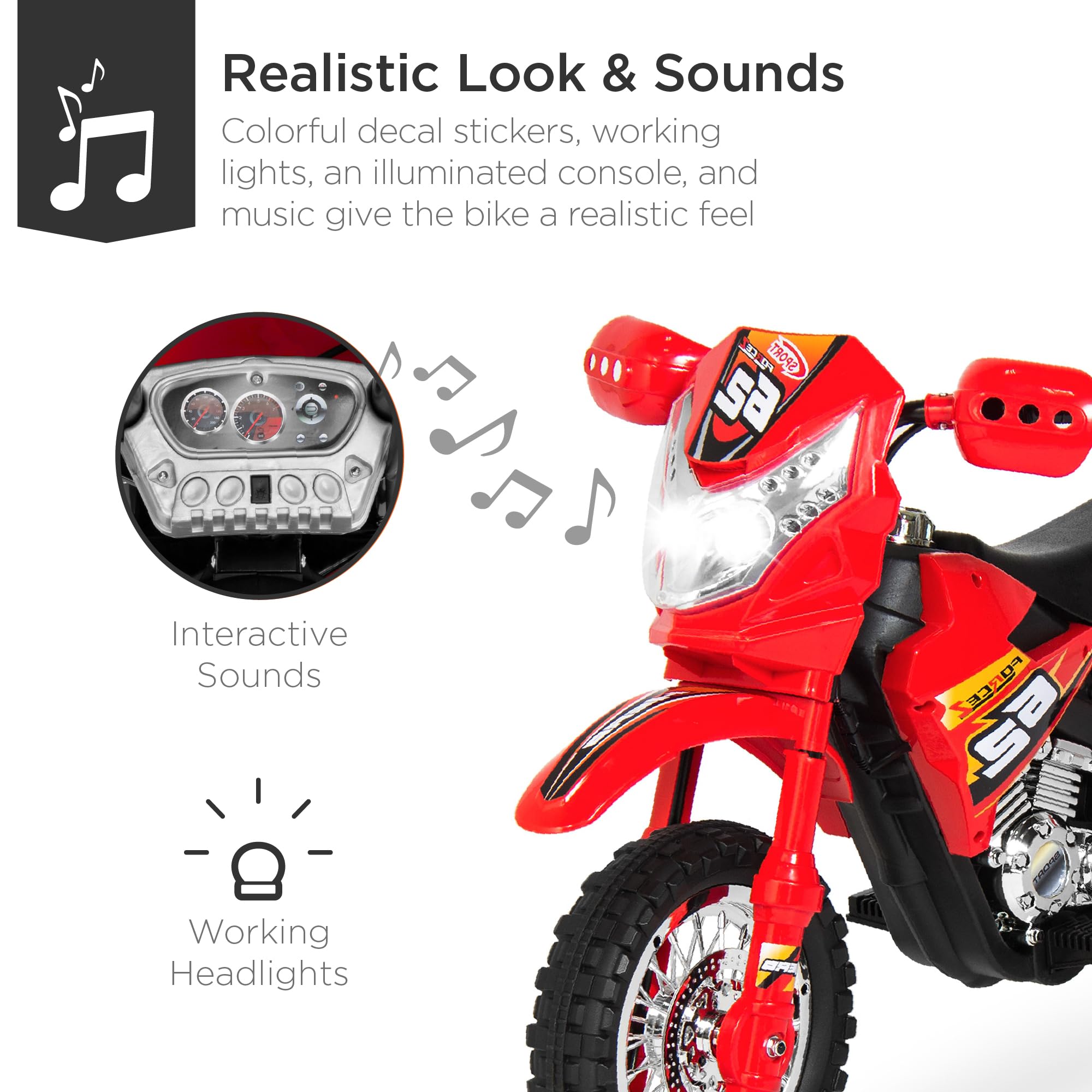 Best Choice Products Kids 6V Ride On Motorcycle w/Treaded Tires, Working Headlights, 2mph Top Speed, Training Wheels, Realistic Sounds, Music, Battery Charger - Red