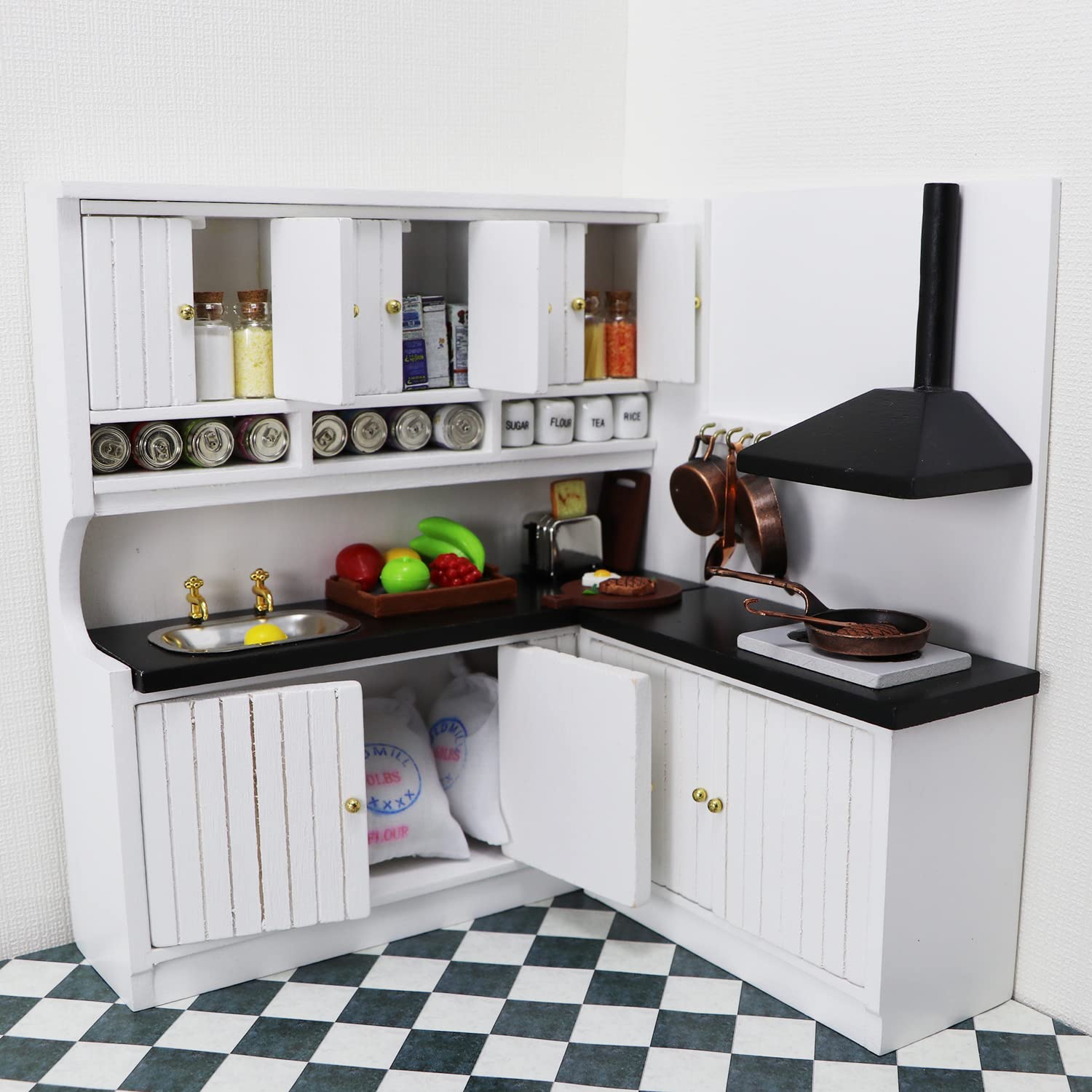 Dollhouse Kitchen Set Miniature Wooden Furniture Cabinet Dining Room Kitchen Kit 1/12 Scale Wooden Dollhouse Accessories (Style A)