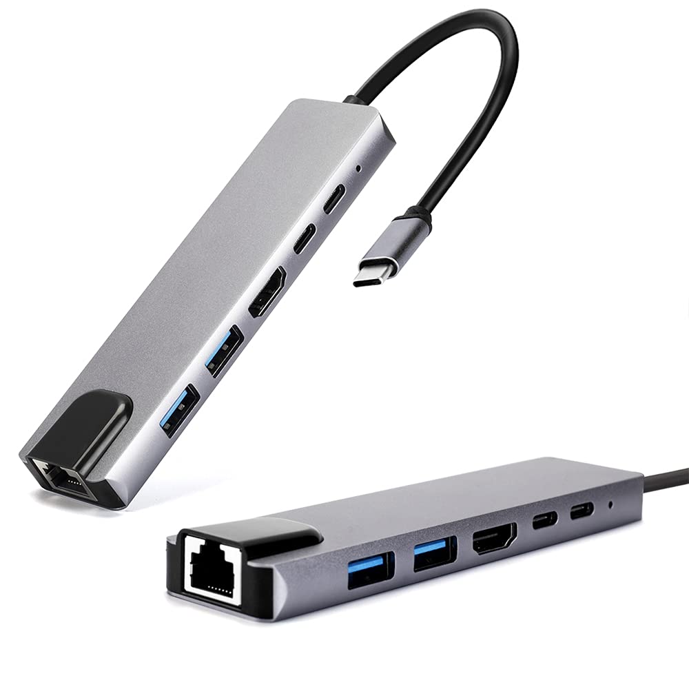 USB C Hub, 6 in 1 USB C Hub Adapter to 4K HDMI, 2 USB 3.0 Ports, 1 NIC Port 45W PD Dock for MacBook and Other Type C Devices
