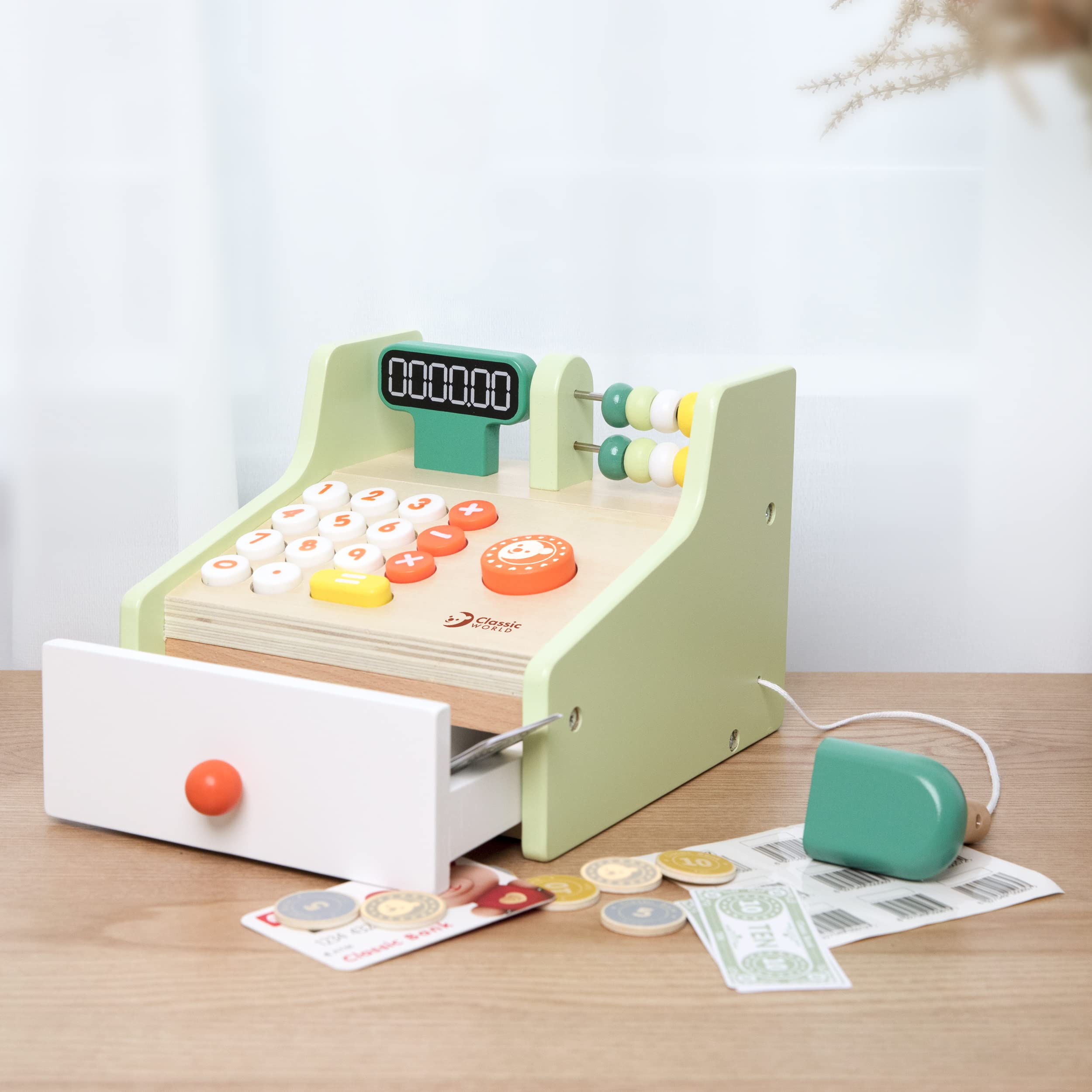Classic World Cash Register Wooden Pretend Play Counting Toy for Kids Baby Gift