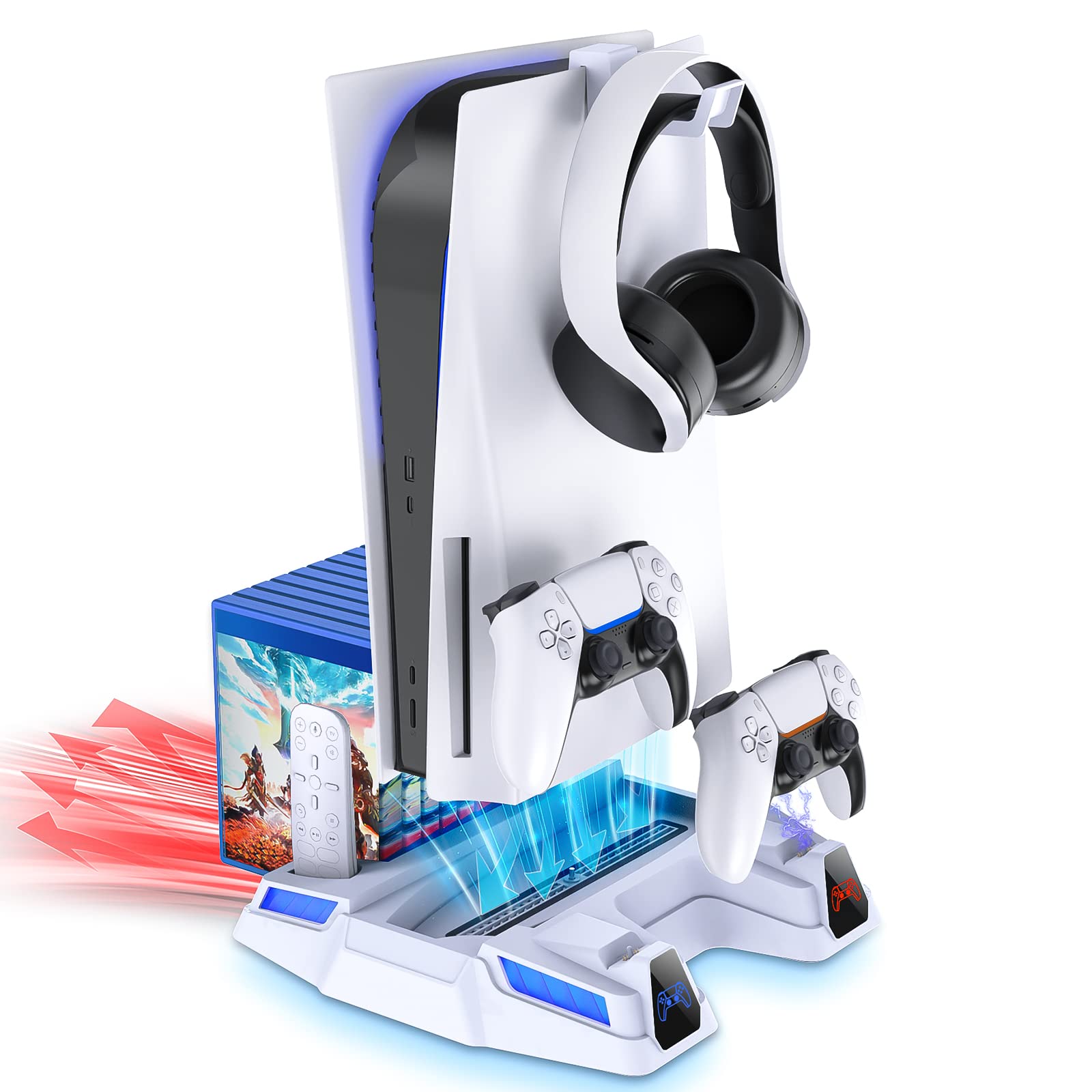 5 in 1 Stand for PS5 with Cooling Fan and Controller Charger, Console Cooling & Dual Charging Station Accessories Vertical Stand with 10 Games/Media Remote Organizer Headset Holder for Playstation 5