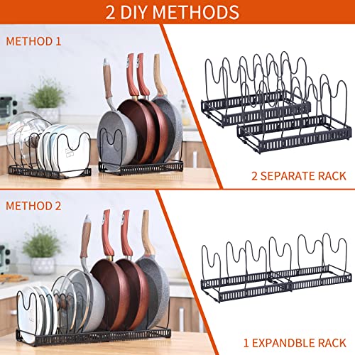 AJSWISH Pots and Pans Organizer, Expandable Pot Organizer Rack for Cabinet, Pot Lid Organizer Holder with 12 Adjustable Compartments for Kitchen Cabinet Cookware Baking, Black