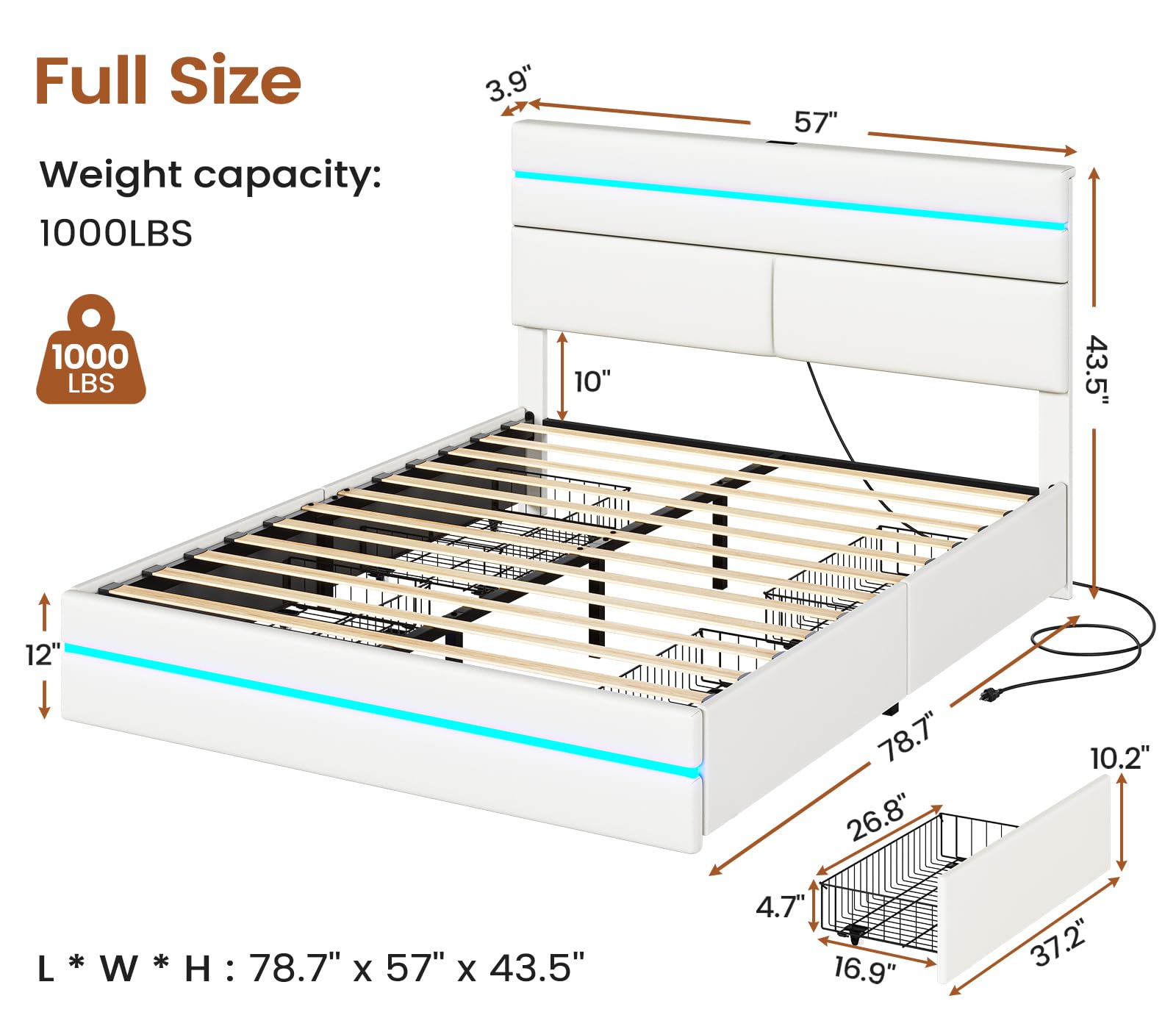 AOGLLATI Twin Bed Frames with 4 Storage Drawers & Headboard, Led Bed Frame Twin with Charging Station, Upholstered Twin Bed with Storage, No Box Spring Needed, White