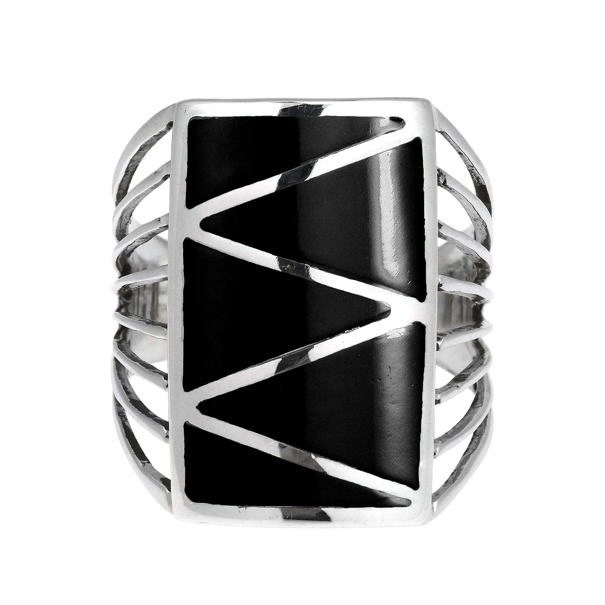 AeraVida Stripe Line Zig-Zag Simulated Black Onyx .925 Sterling Silver Ring black