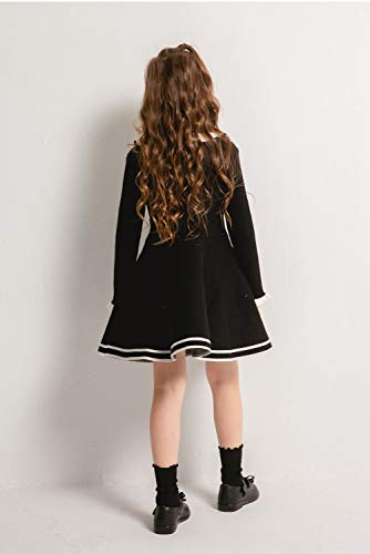SMILING PINKER Toddler Girls Dresses Sweater Long Sleeve Winter Knitted Skater Dress Ruffle Collar (Black, 6-7 Years)