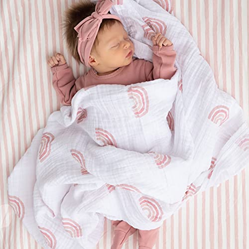 Ely's & Co. Cotton Muslin Swaddle Blanket 2-Pack for Baby Girl β 100% Cotton Muslin Extra-Large Swaddle Blankets (47β x 47β) Dusty Rose Stripes | Rainbows