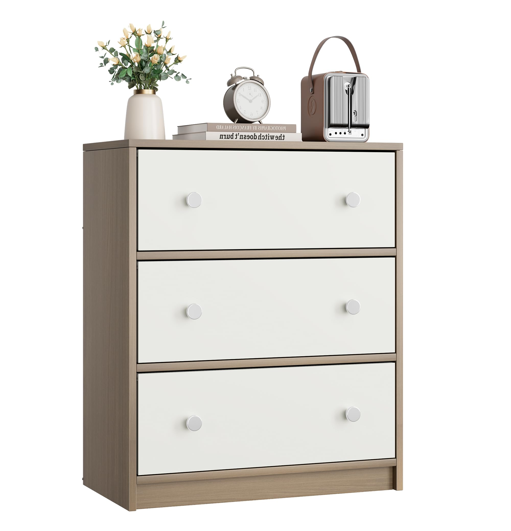 Nicehill 3 Drawer Dresser, Nightstand for Bedroom with Drawers, Small Dresser Bedside Table Chest of Drawers for Bedroom, Hallway, Entryway, Closets,Kids' Room(Light Wood Grain and White)