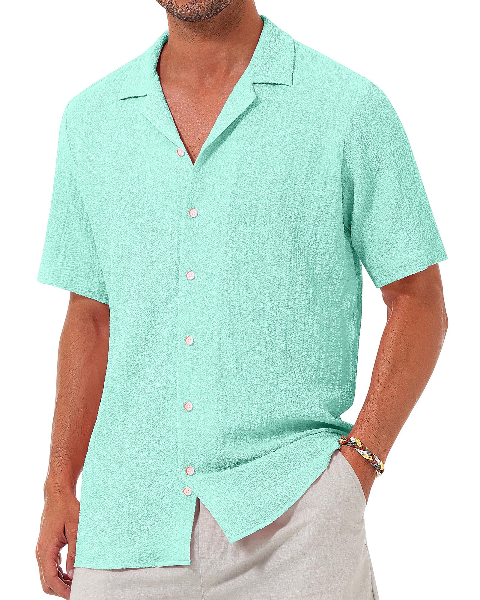 Alimens & Gentle Men's Seersucker Hawaiian Shirts Casual Short Sleeve Button Down Shirt for Men Summer Beach Shirt(Mint Green, Large)