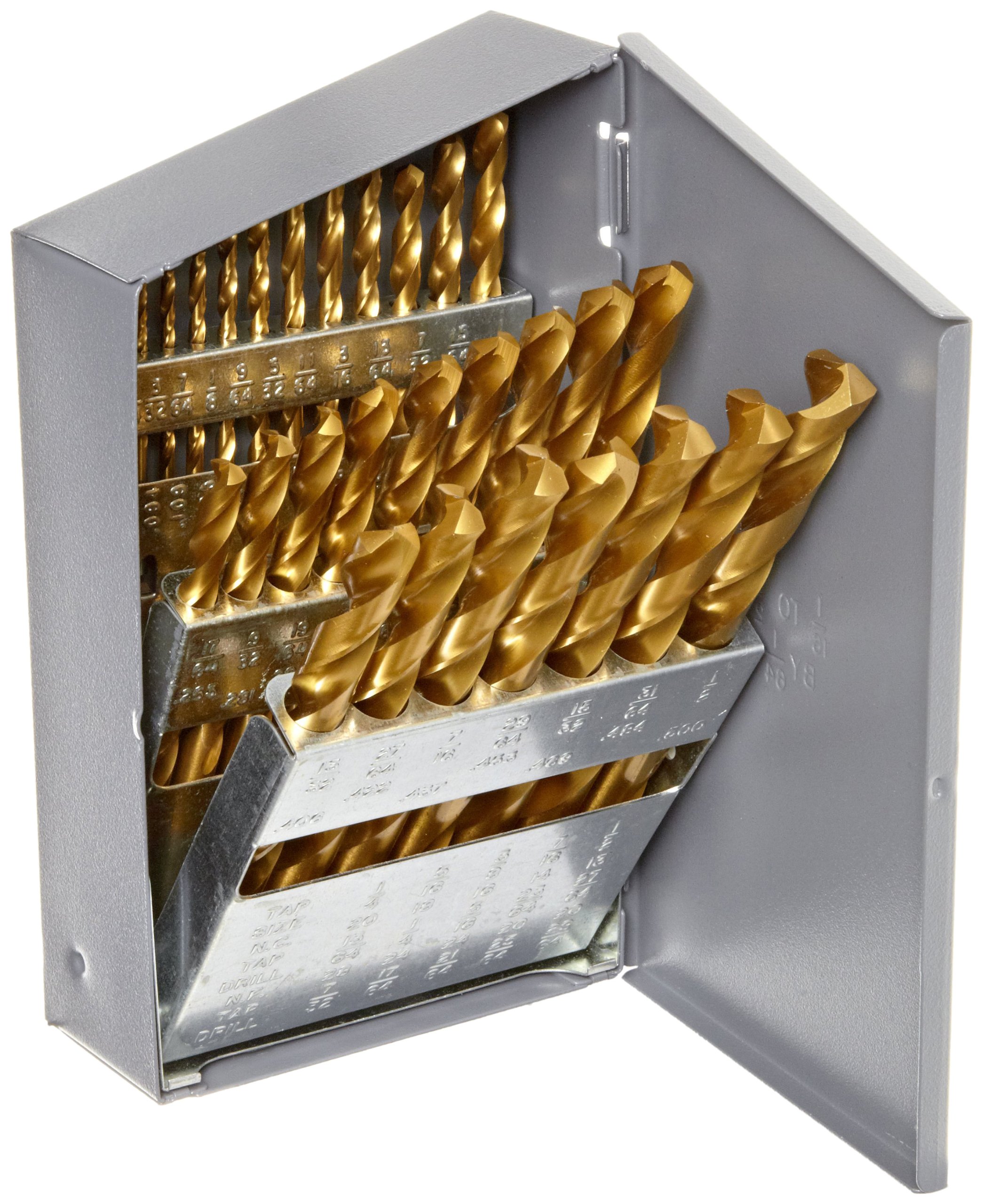 Chicago Latrobe 69870 2550 Series Cobalt Steel Jobber Length Drill Bit Set With Metal Case, TiN Coated, 135 Degree Split Point, Inch, 29-piece, 1/16" - 1/2" in 1/64" increments