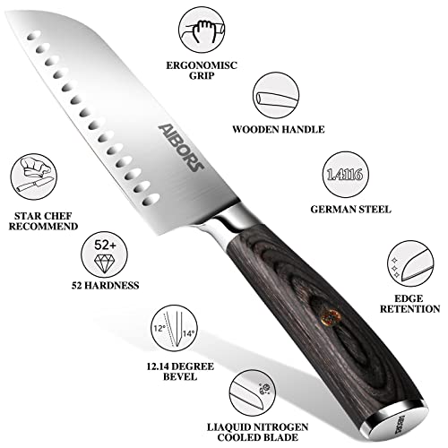 AIBORS Santoku Knife - 7 Inch Professional Kitchen Knife with German Stainless Steel 7Cr17Mov, Ergonomic Pakkawood Handle