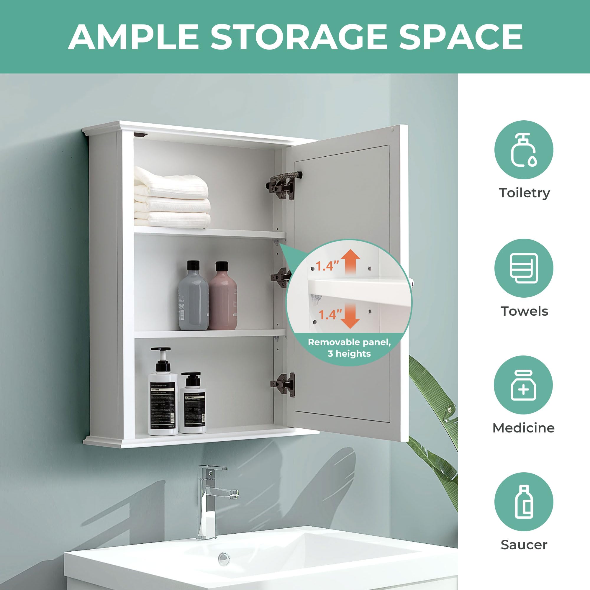 HIGEINE Bathroom Wall Cabinet with Mirror and Light, LED Mirrored Medicine Cabinet, Wall Mounted Storage Cabinet with Mirror and Adjustable Shelf,Fully Assembled