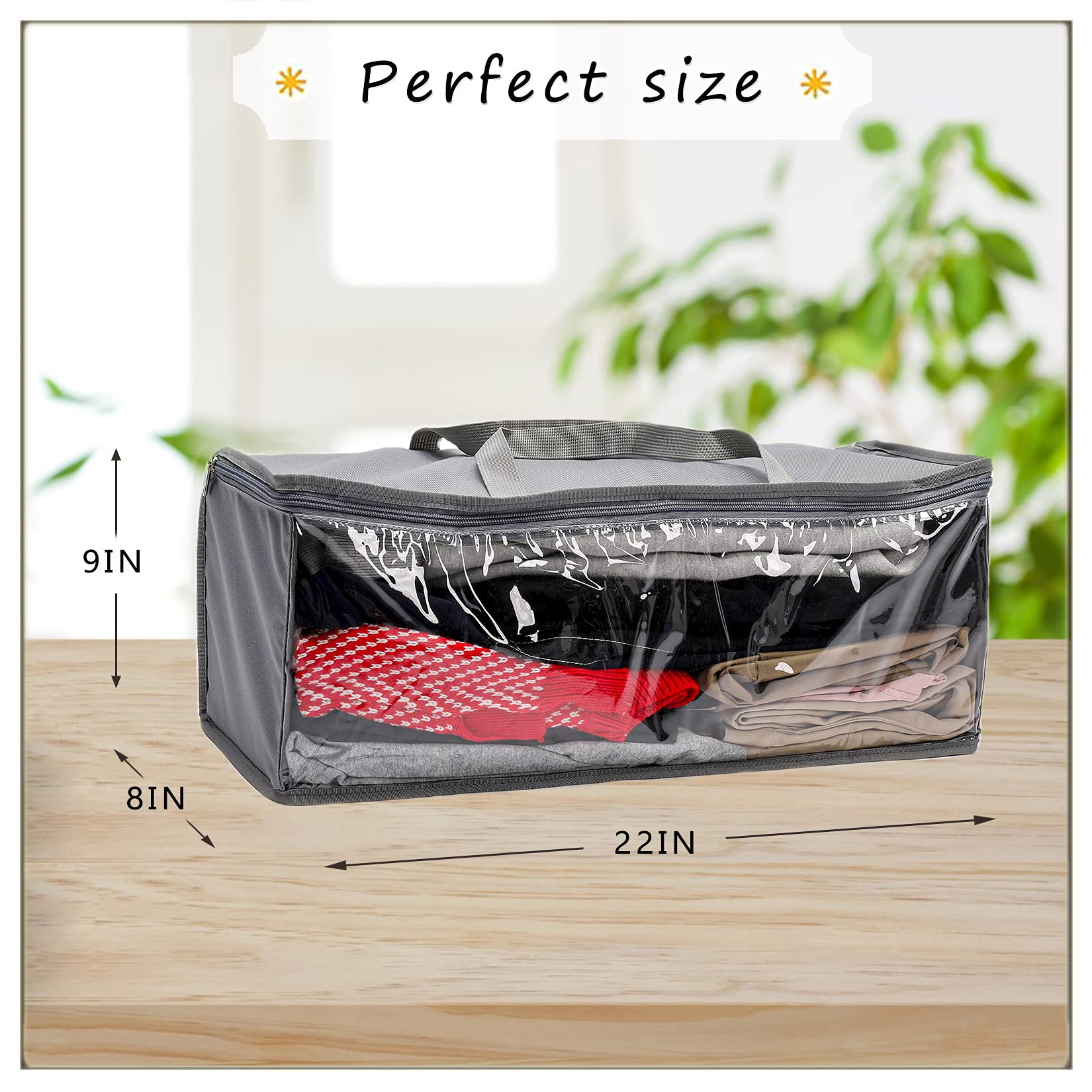 Foldable Storage Bag,24L Large Foldable Clothes Organizer Clear Window&Carry Handles,Sturdy Zippers,Great for Clothes,Blankets,Closets,Bedrooms and More (22 x 9x 3, Grey)