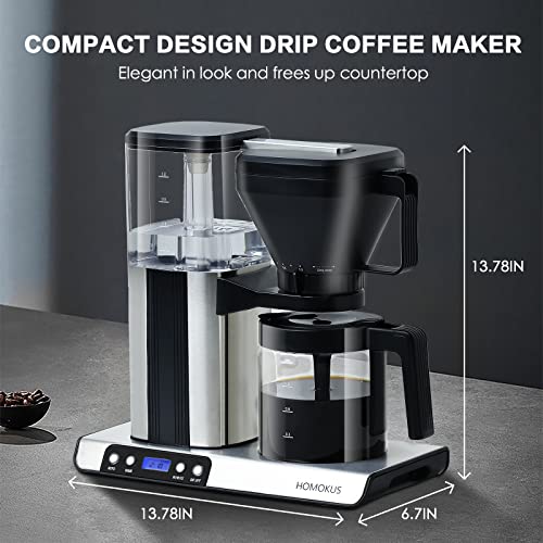 HOMOKUS 8 Cup Stainless Steel Programmable Coffee Maker with Timer - Drip Coffee Machine with Glass Carafe - Polished Silver - 40 Oz - 1.2L