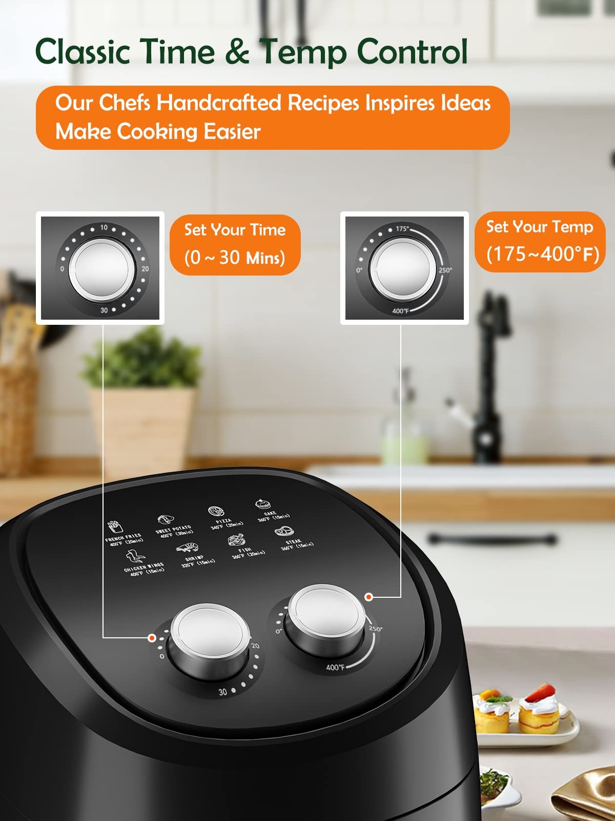 Air Fryer 8 Preset Menus 4.5 QT Airfryer Easy to Use with Adjustable Temperature Control with 8 Cooking References Nonstick Tray Auto Shutoff 1400W Hot Air Fryer Black