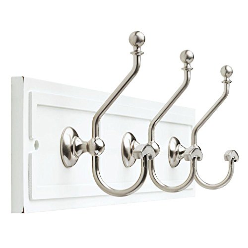Liberty 22 inch Stylish Wall Mounted White and Satin Nickel Wardrobe Hook Rail/Coat Rack with 3 Pretty Dual Hanger Hooks for Coats, Hats, Scarves, Key • Extra Wide Hanging Space