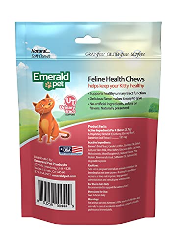 Emerald Pet Feline Health Chews UT Support β Natural Grain Free Urinary Tract Health Cat Chews β Cat Urinary Supplements with Cranberry, Chicory Root, and Dandelion Leaf Extract β Made in USA, 2.5 oz