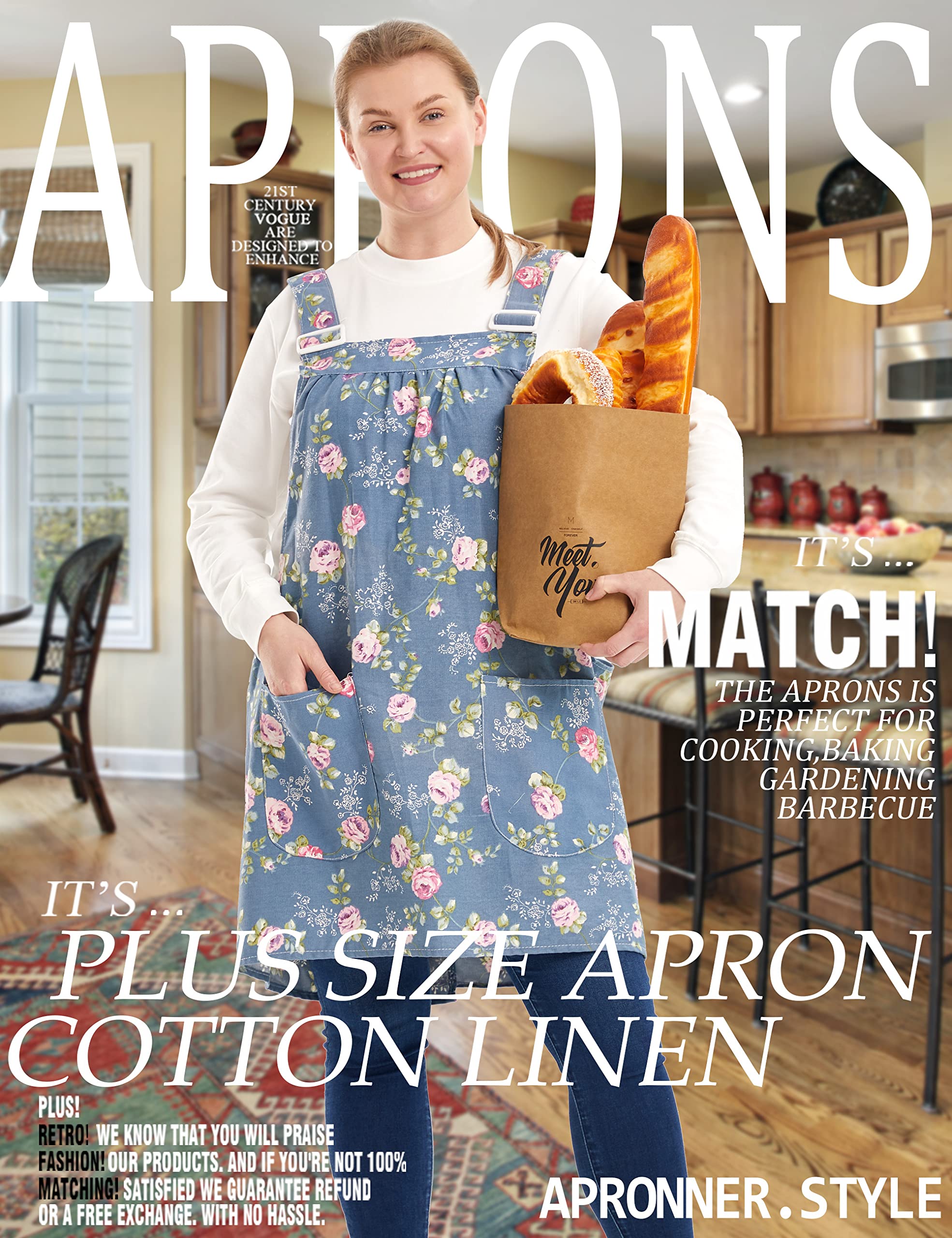 APRONNER No Ties Plus Size Aprons for Women with Pockets Cotton Linen Baking Kitchen Cooking Rose Flower