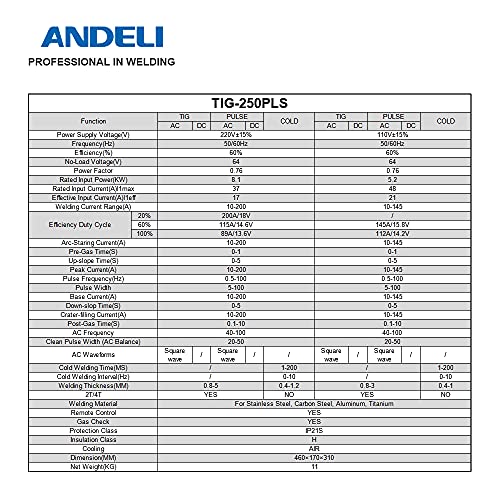 ANDELI 110V/220V 200AMP Aluminum Tig Welder, AC/DC Tig Welder With Pulse Cold Welding Machine TIG-250PLS AC DC (Al SUIT)