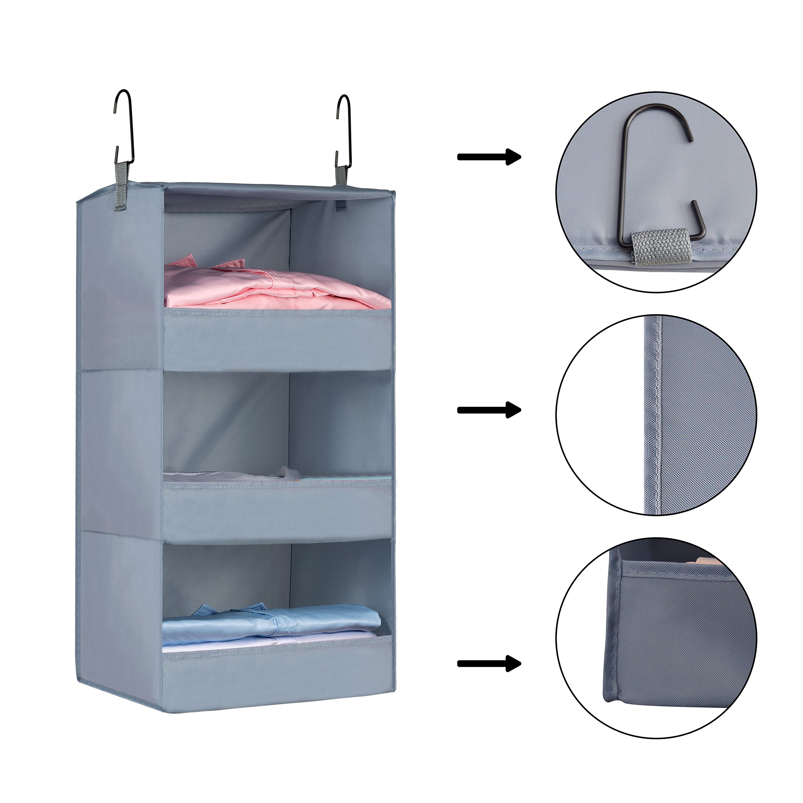 DonYeco 3-Shelf Hanging Closet Organizers and Storage, Collapsible Closet Storage Organizer, for RV Wardrobe Camp, Hanging Organizer for Shoes Toys Baby Clothes