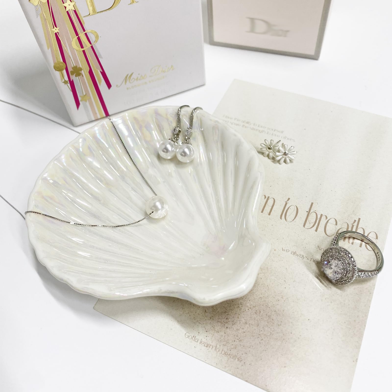 Ring Dish Shell Shape Ceramic Jewelry Dish Tray, Decorative Trinket Dish Organizing Rings Earrings Necklaces Keys for Mom Friend Sister, 3.9", White Iridescent Surface