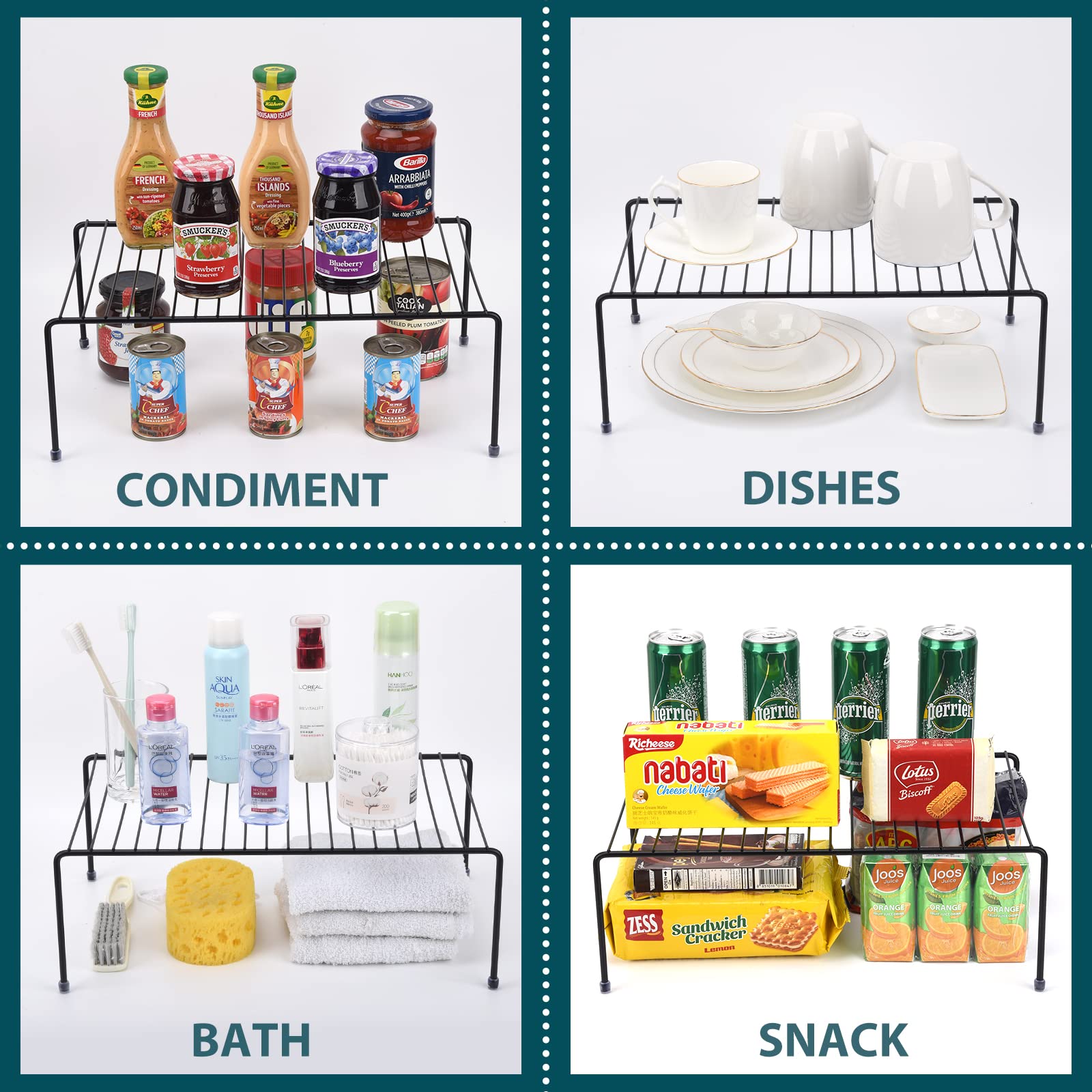 AKAZA (16.1 x 10.2 Inch) Cabinet Storage Shelf Rack, Kitchen Shelves,Kitchen Counter and Cabinet Shelf, Storage Rack Organizer for Kitchen, Fridge, Cabinet, Bathroom Cupboard (Black, 6)