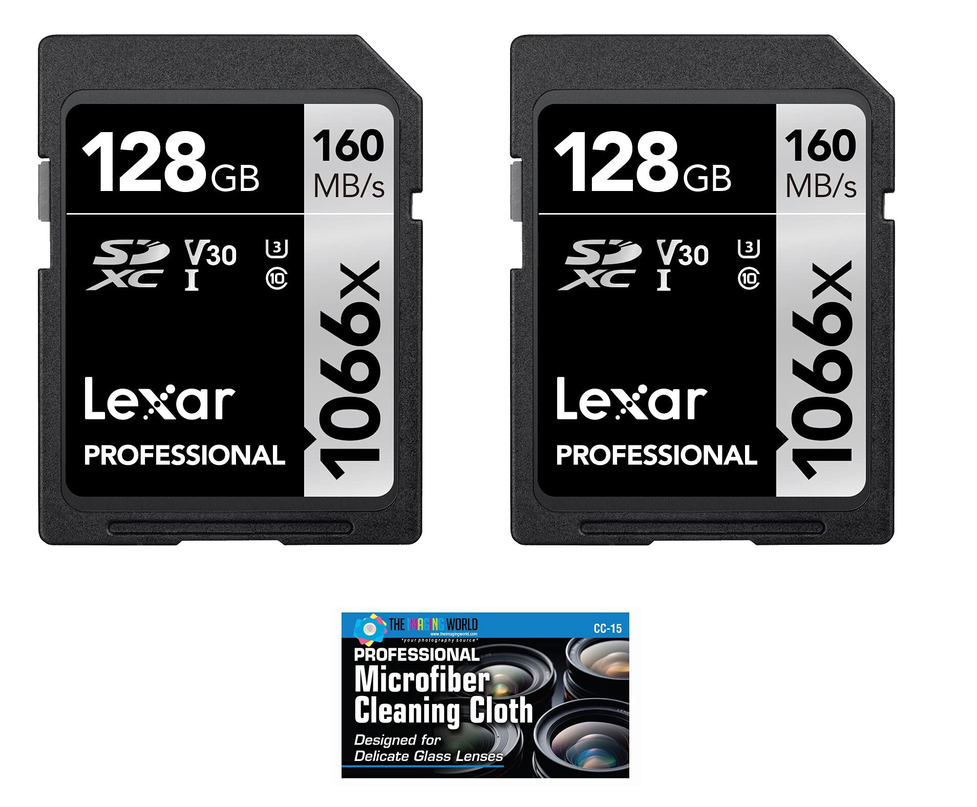 Lexar 128GB Professional 1066x SDXC Class 10 UHS-I Memory Card 2-Pack Bundle with Microfiber Cloth