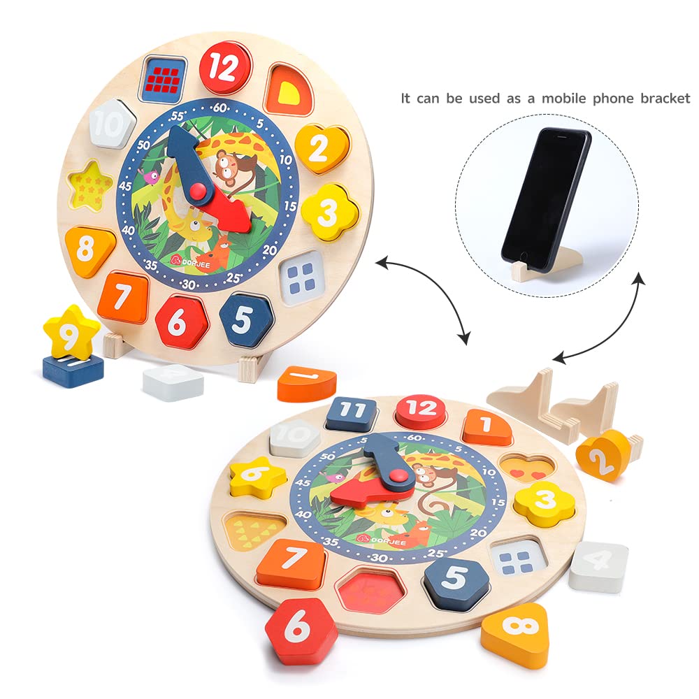 Dorjee Shape Sorter Teaching Clock, Learning Time Clock for Kids , Montessori Toys with 12pcs Removable Number Blocks, Display Holder Included
