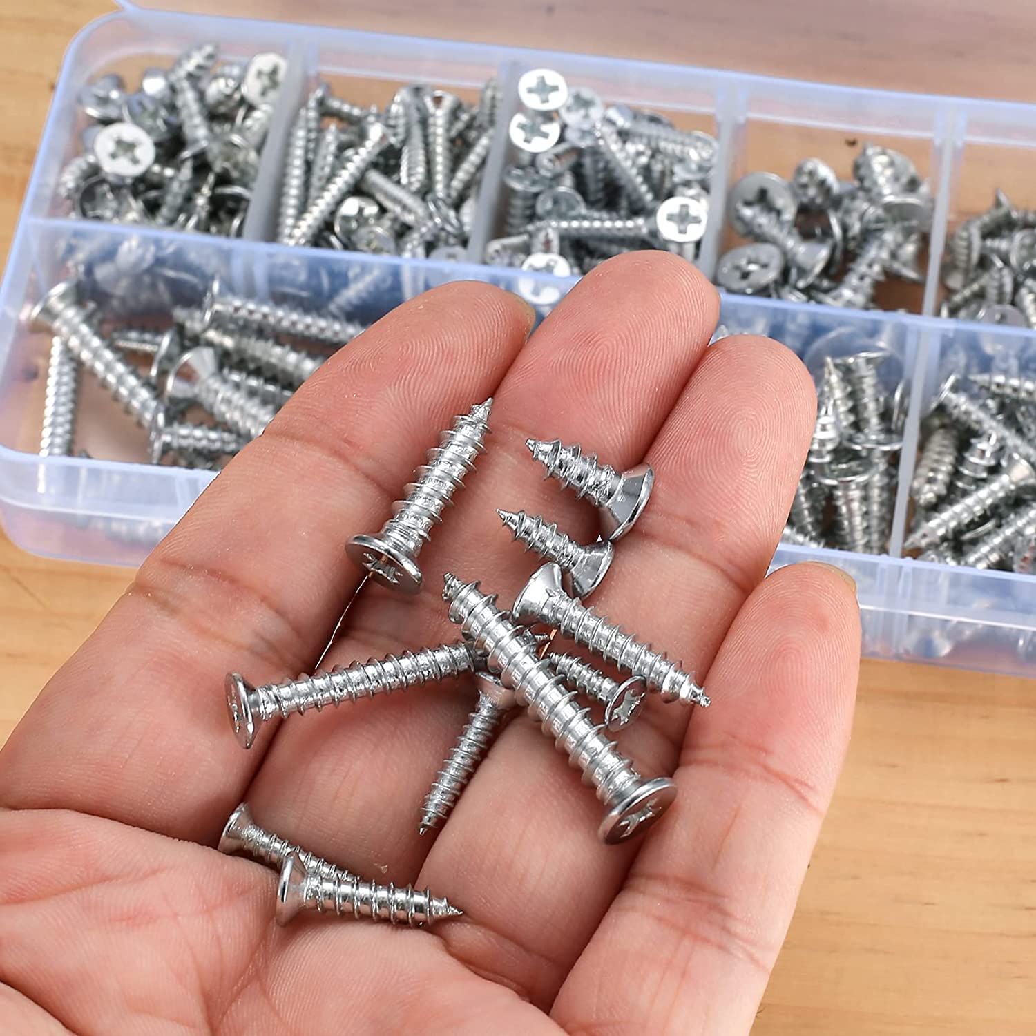 Silver M2 Nickel-Plated Carbon Steel Flat Head Self Tapping Screws (800pcs/Set), Assortment Drilling Screws with Storage Case, 4mm 5mm 6mm 8mm 10mm 12mm 16mm 20mm