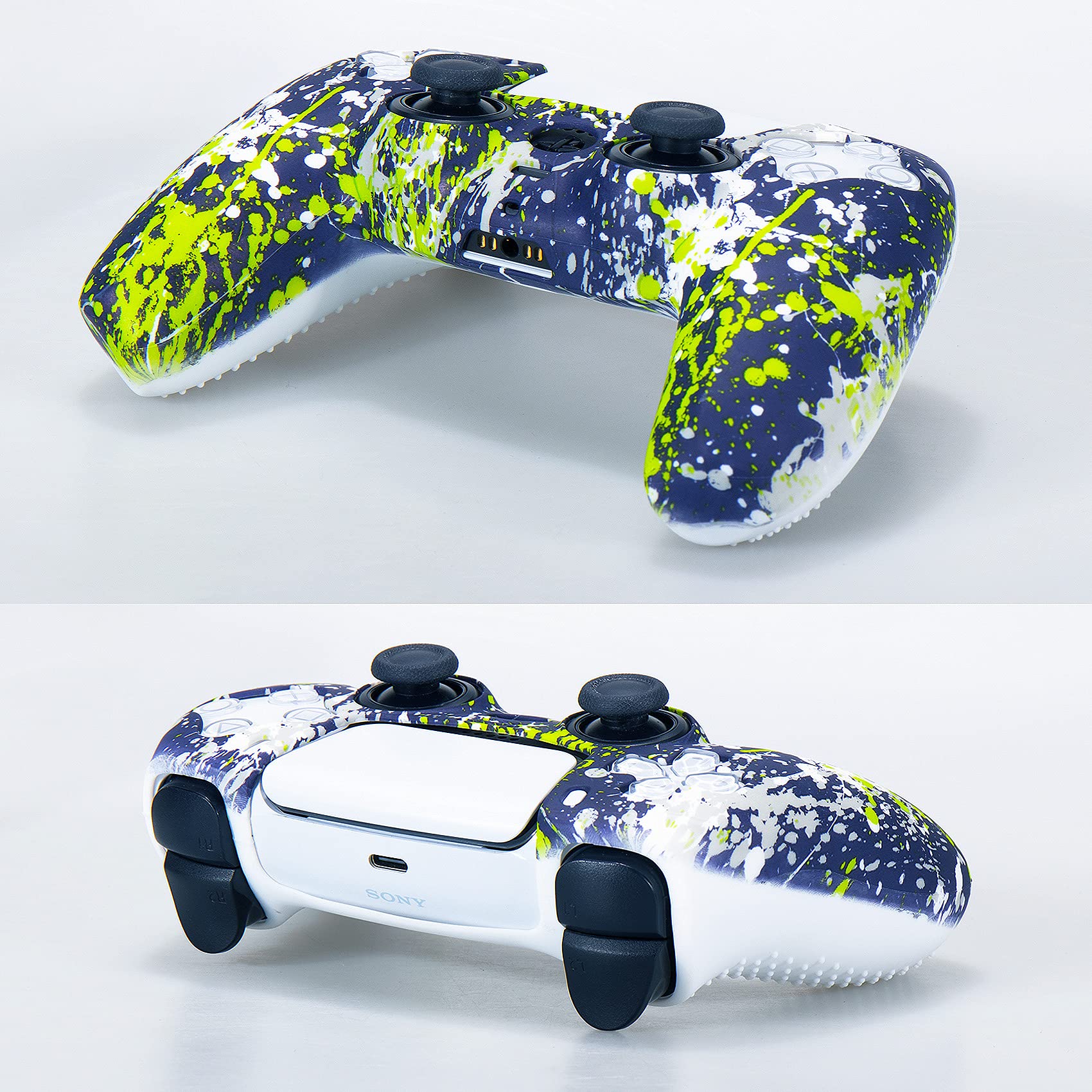 9CDeer 1 Piece of Silicone Transfer Print Protective Cover Skin + 10 Thumb Grips for Playstation 5 / PS5 Controller Green Graffiti