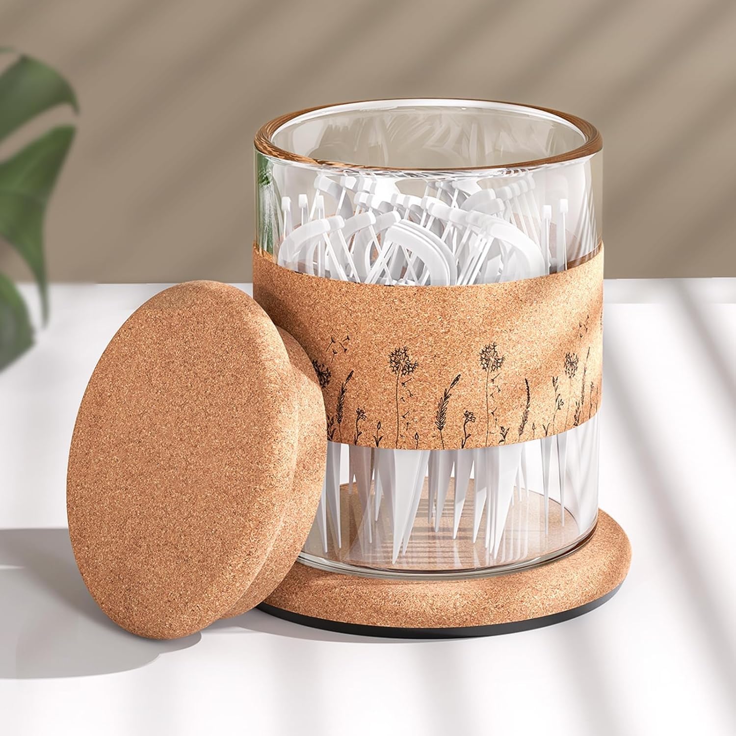 Qcold Glass Qtip Holder Dispenser with Cork Lid, Cotton Ball Swab Pad Rounds Holder Containers Bathroom Handmade Glass Canister Jars for Bathroom Restroom Vanity Countertop Decorations and Organizer