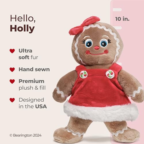 Bearington Holly Ginger Gingerbread Plush, Gingerbread Stuffed Animal, 10 Inch Christmas Doll, Ideal Christmas Gingerbread Stuffed Plush Gift for Toddlers, Kids & Teens