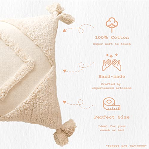 Banilla Throw Pillow Cover Bundle | Featuring a Pair of Hand Tufted Diamond Detailed 18" Pillow Covers & a 12x20 Lumbar Pillow with Chunky Tassels | Natural White