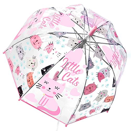 RONIARE Kids Umbrella Clear Bubble Umbrellas for Rain,Safety Dome Windproof Umbrella for Kid Girls and Boys(Cat Pink)