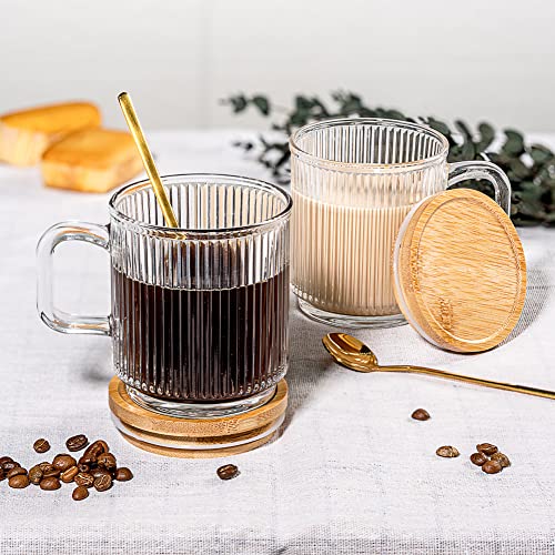 Combler Glass Coffee Mugs, Espresso Cups for Coffee Bar Accessories, Clear Coffee Mug Set of 2, 11oz Glass Coffee Cups with Lids and Spoon, Cute Ribbed Glassware Set for Latte, Cappuccino, Tea, Gift