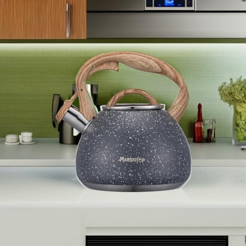MARSKITOP Tea Kettle Stovetop Whistling Tea Pot for Stove Top, Stainless Steel Tea Kettle Teapot with Wooden Pattern Handle, 2.6 Quart, Gray