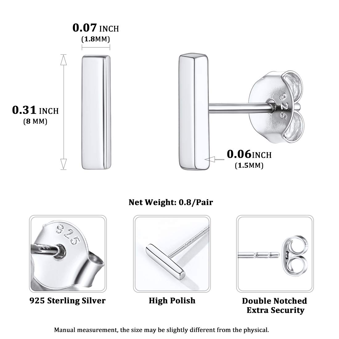 ChicSilver Minimalist Bar Earrings for Women Hypoallergenic 925 Sterling Silver Simple Small Geometric Stud Earrings for Sensitive Ears Valentines Day Gifts for Mothers Day