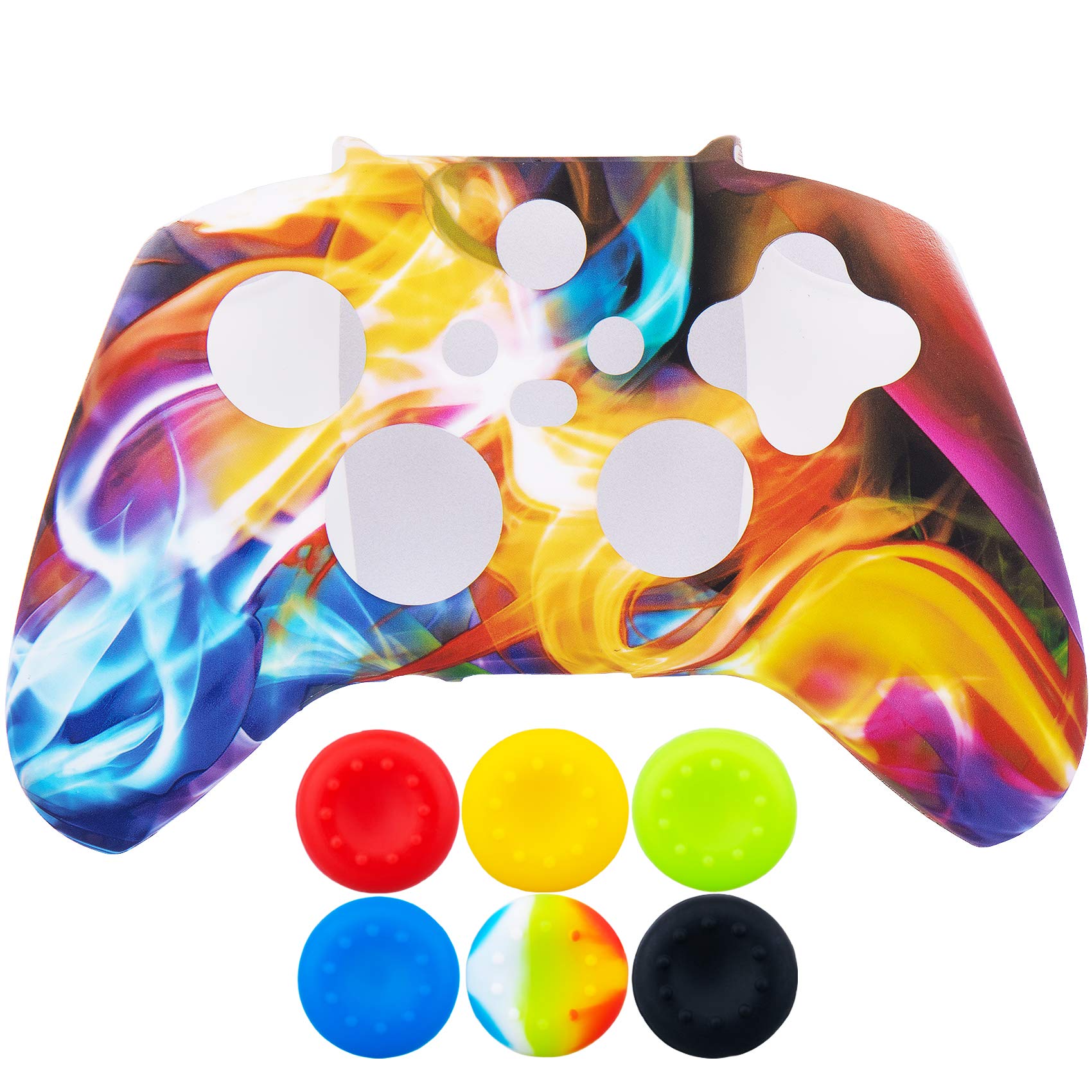 9CDeer 1 Piece of Silicone Transfer Print Protective Thick Cover Skin + 6 Thumb Grips for Xbox Series X/S Controller Rainbow