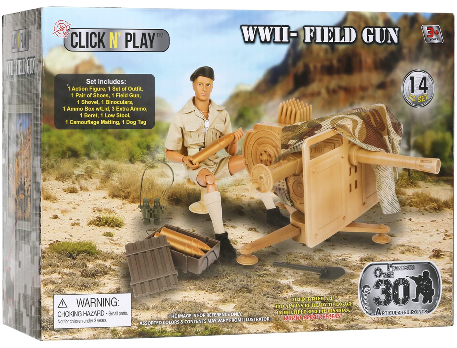 Click N' Play Action Figure WWII Field Gun 5 Piece Set, Military Action Figures and Army Toys for Boys 8-12