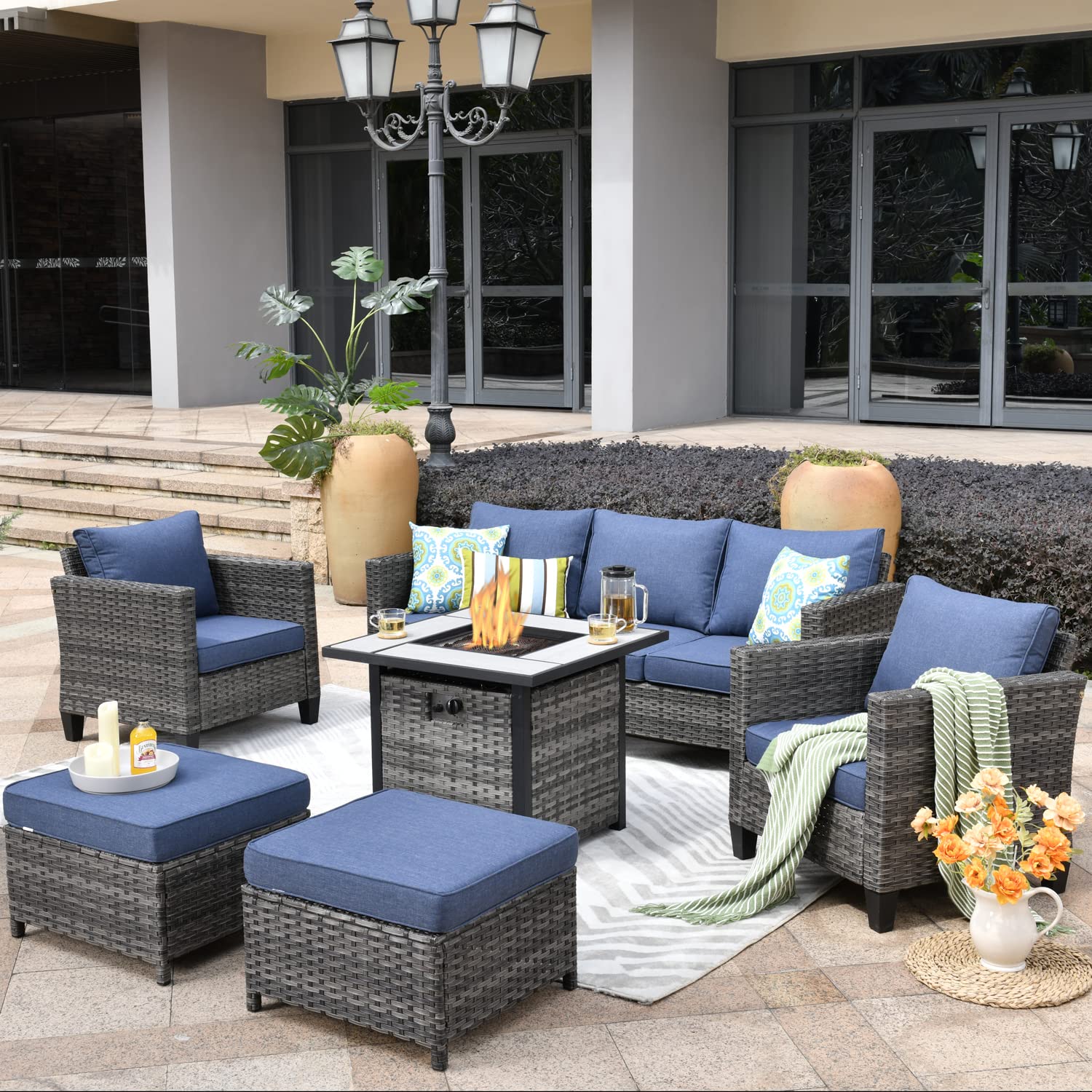 ovios Patio Furniture Set, 6 Pieces Outdoor Conversation Set with 30 Inch Gas Fire Pit Table Modern Wicker Rattan Sofa Set with Comfortable Cushion, Ottomans, Denim Blue