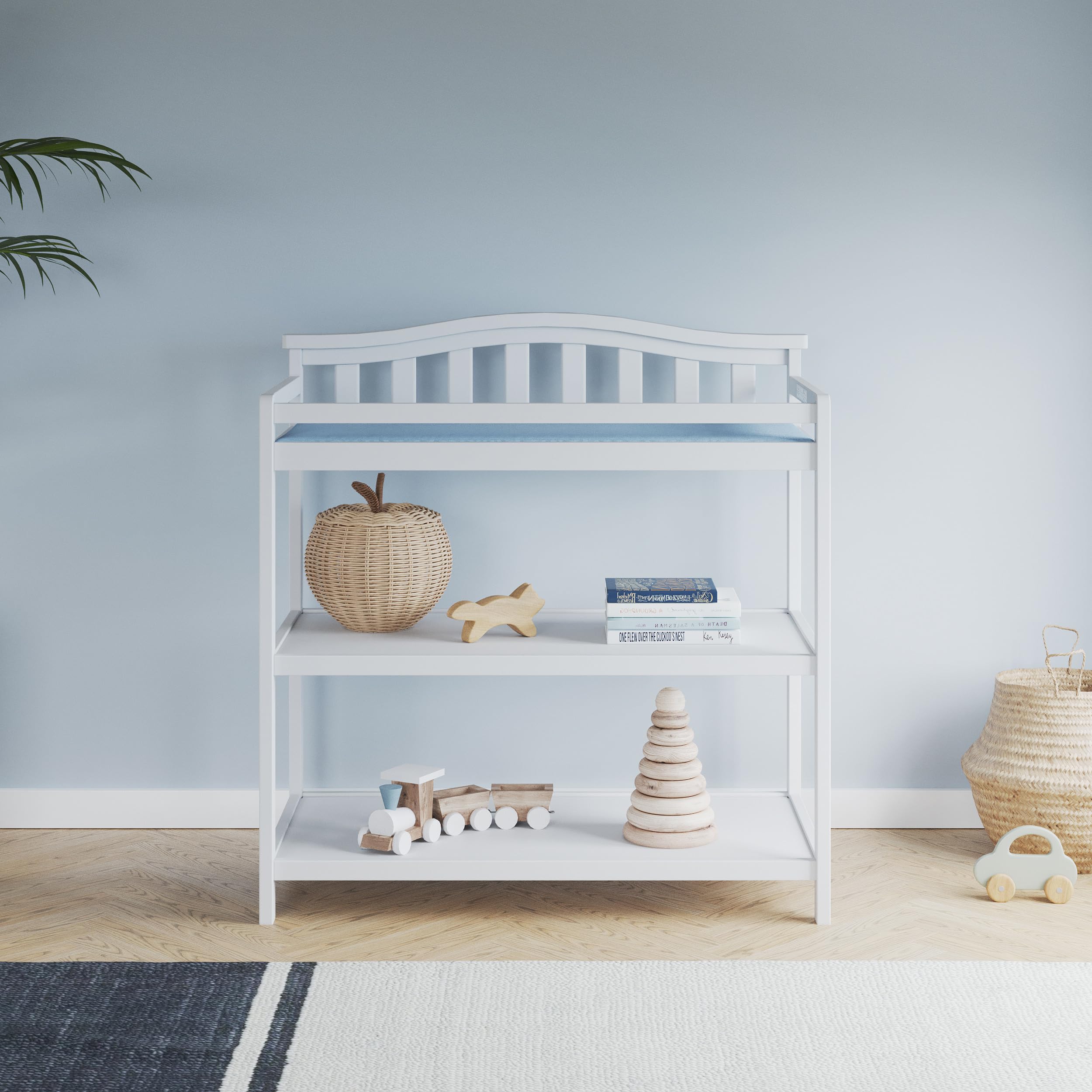 Child Craft Arch Top Infant Changing Table, Water-Resistant Pad and Safety Strap, Anti-Tip Kit Included to Prevent Tipping, Non-Toxic, Baby Safe Finish (Matte White)
