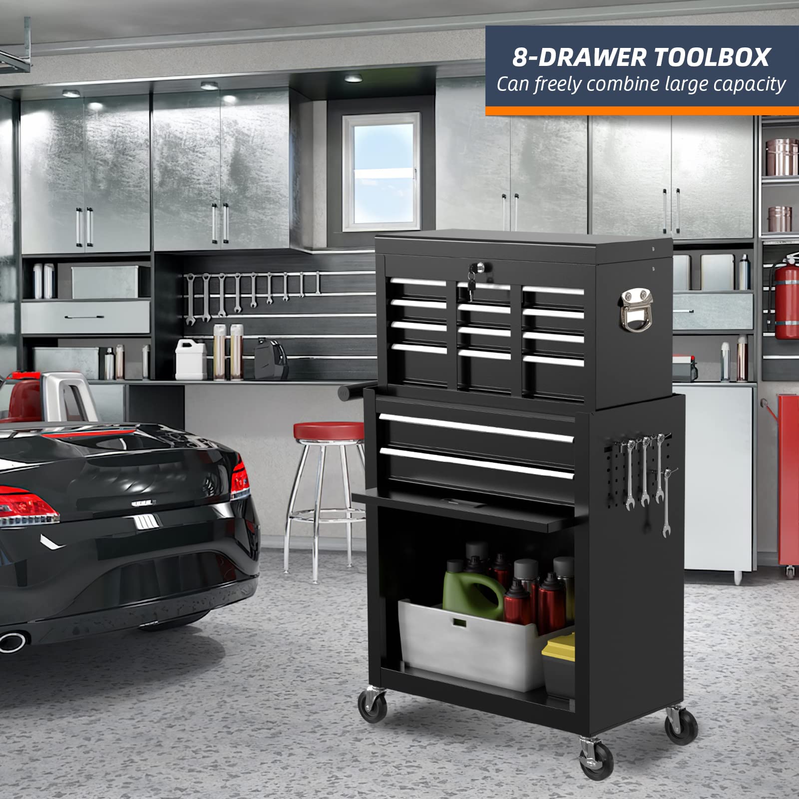 8-Drawer Rolling Tool Chest & Portable Tool Box with 2 Handles, Lockable Rolling Tool Box with 4 Hooks, Large Capacity Garage Storage Tool Cabinet for Warehouse, Repair Shop(Black)