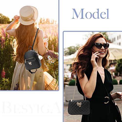 BESYIGA Backpack Purse for Women, Mini Leather Backpack for Women Chain Shoulder Travel Bag with Detachable Handbag, 2 Pieces(Black)