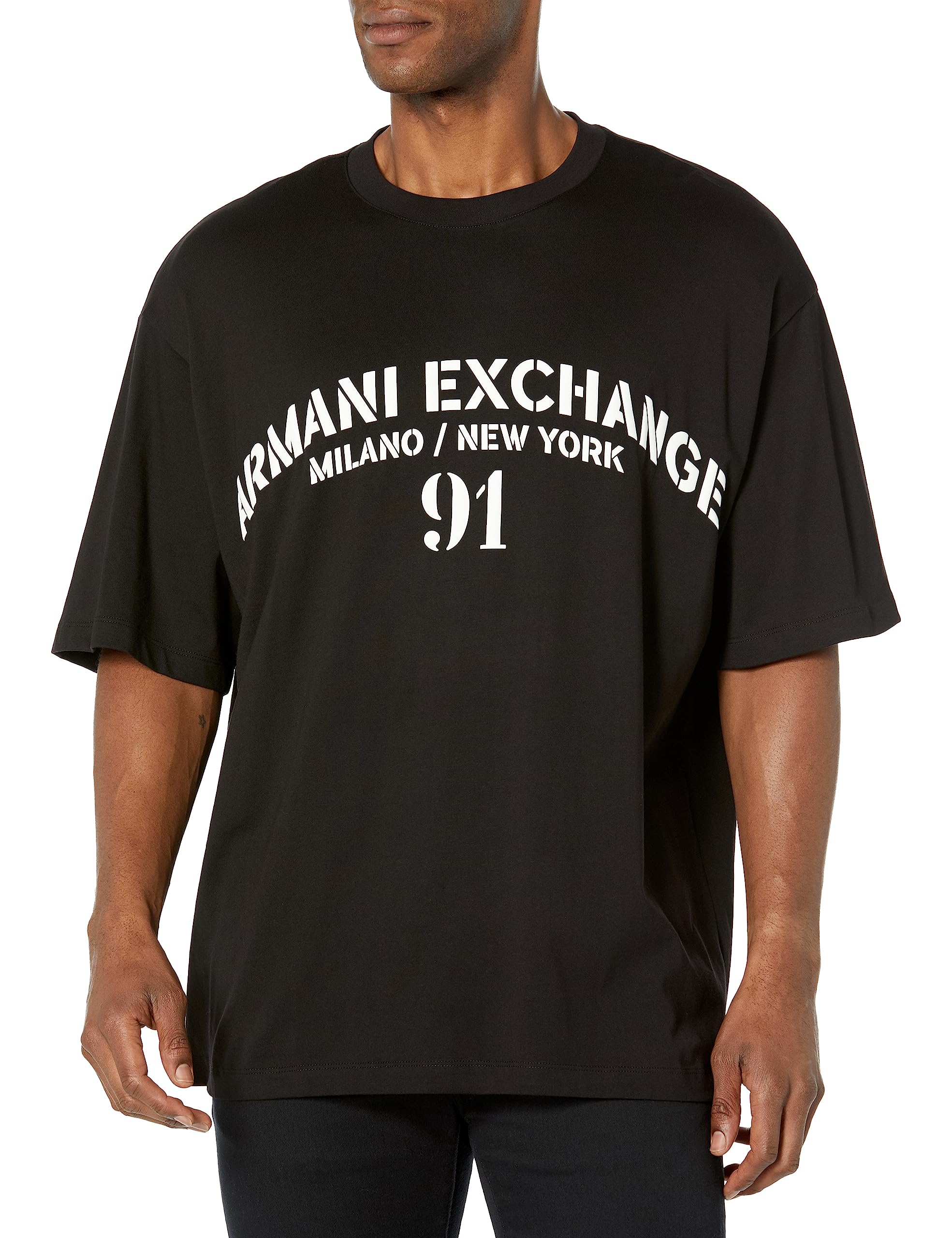 A | X ARMANI EXCHANGE Men's Oversized Army Logo Tee, Black White, M