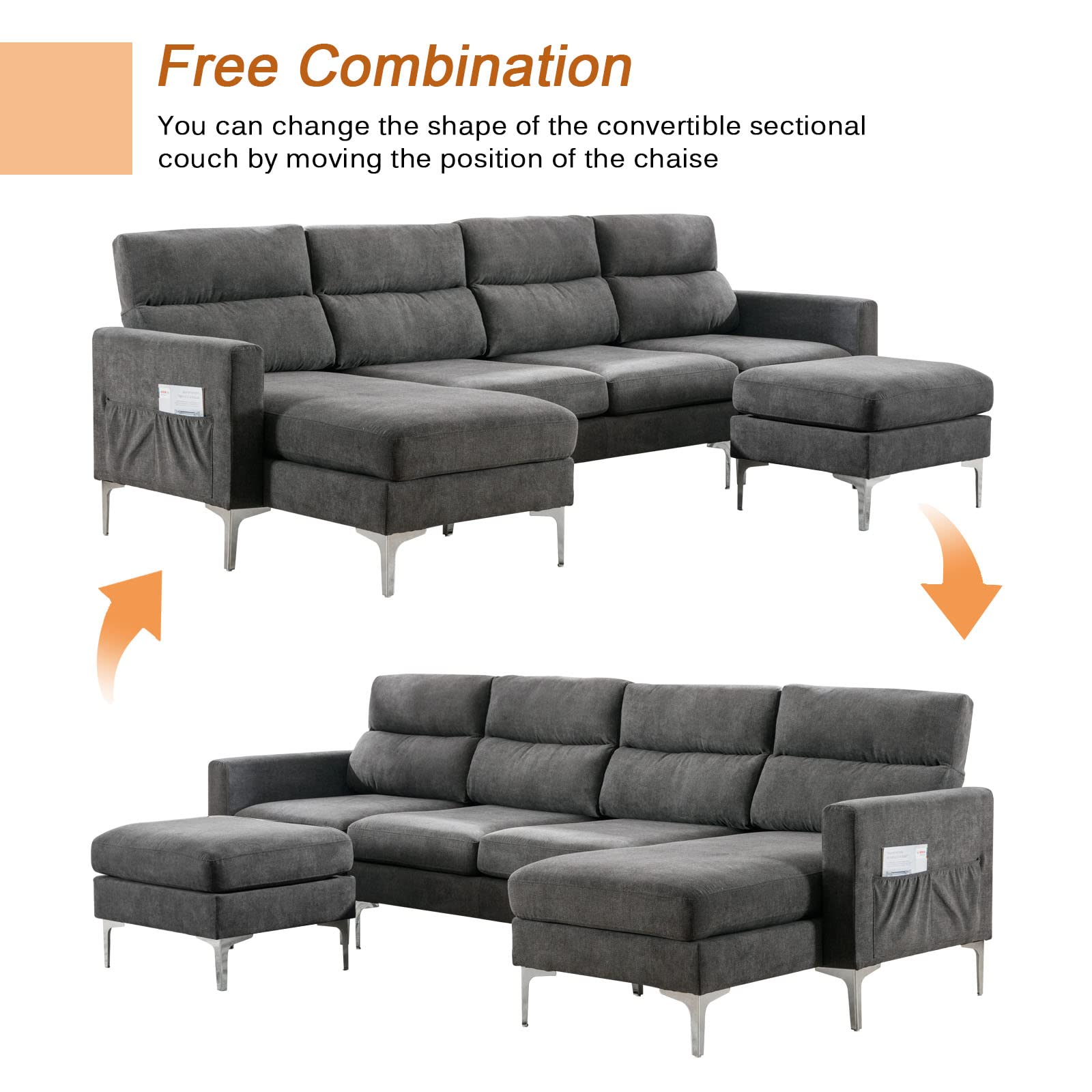 Houjud 110" Convertible Sectional Sofa Couch, Modern Linen Fabric L-Shaped Couch 4-Seat Sofa Couch w/Reversible Chaise and Side Pockets for Living Room, Apartmentt (Grey)