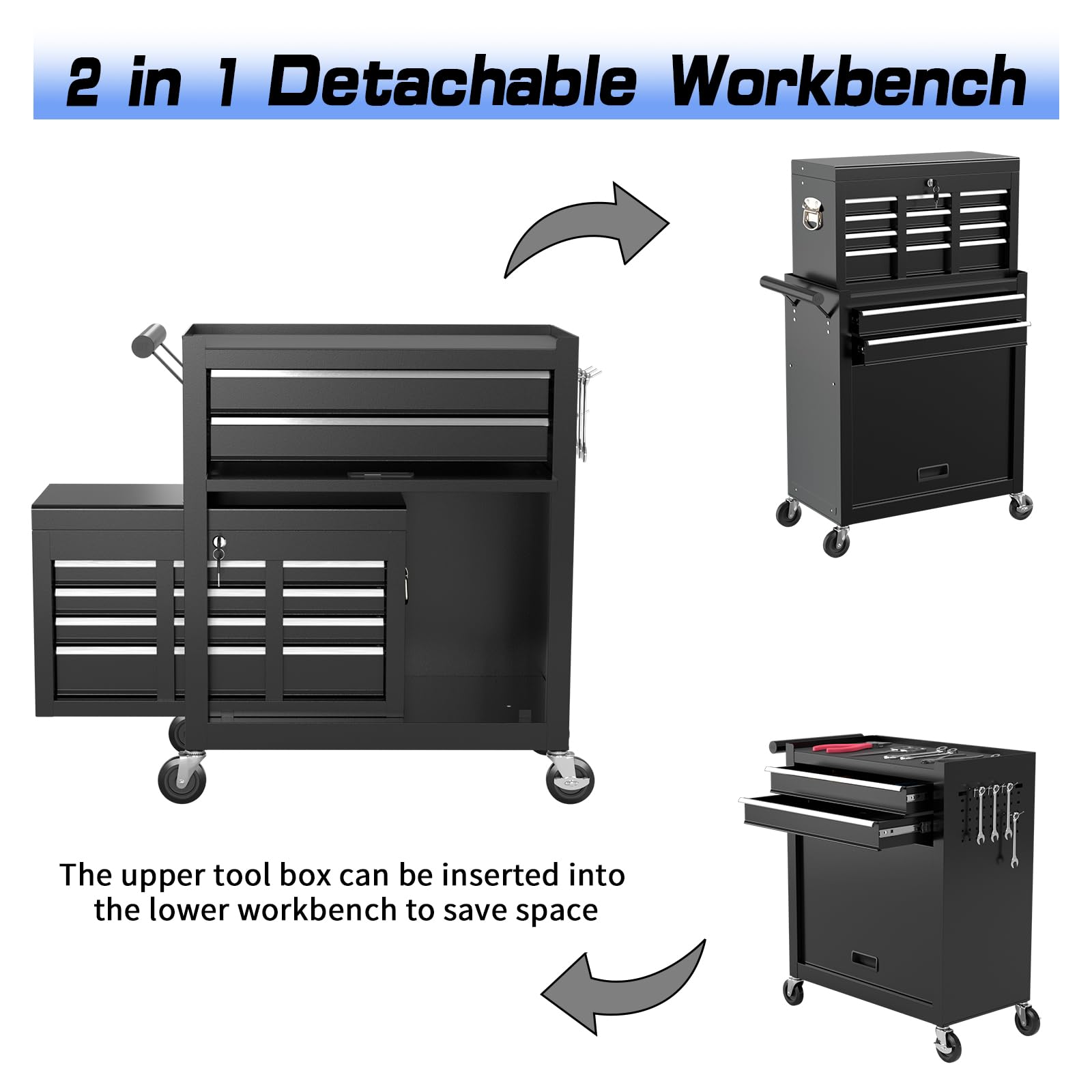 8-Drawer Rolling Tool Chest Box, Removable Storage Cabinet with 4 Wheels and Drawers, 2 in 1 Portable Toolbox Organizer, Lockable Drawer Gifts for Men, Black