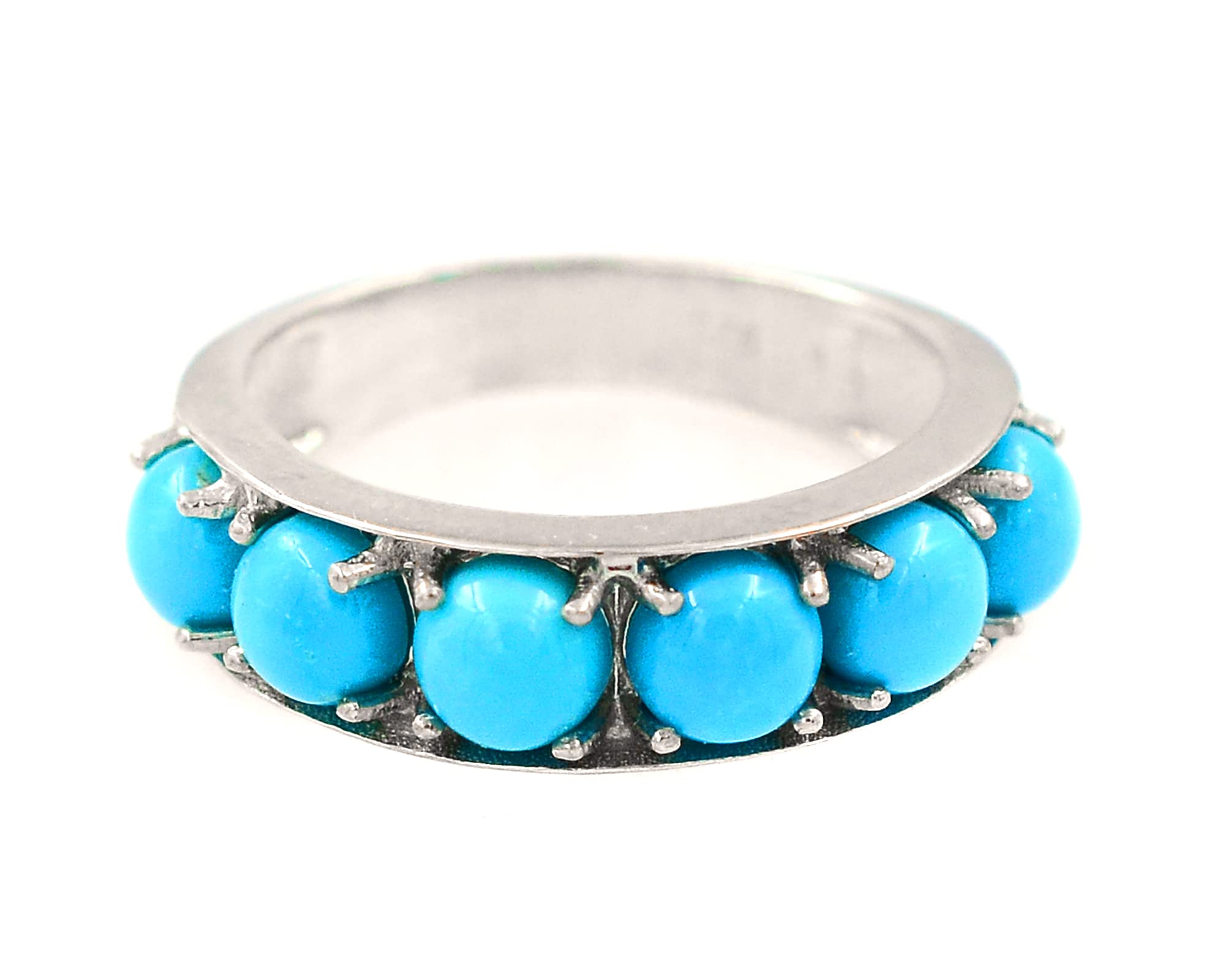 5 MM Round Cabochon Natural Sleeping Beauty Turquoise Gemstone 925 Sterling Silver December Birthstone Cluster Unisex Proposal Ring For Girlfriend Gift (Rhodium Plated Silver, 9.5)