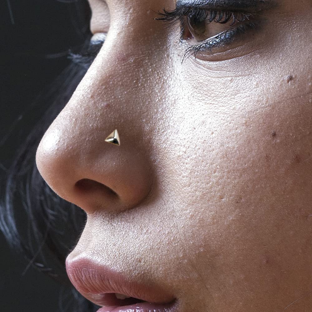 9K Solid Yellow Gold 3D Pyramid 22 Gauge L Bend Nose Stud Piercing Jewelry